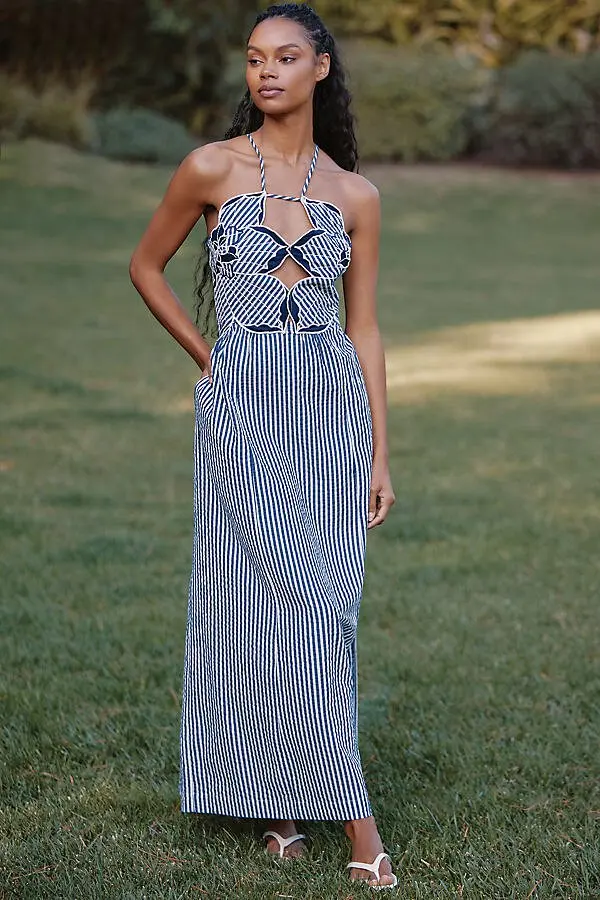 Celandine Hibiscus Cutwork Cotton Midi Dress In Blue Pattern - 70